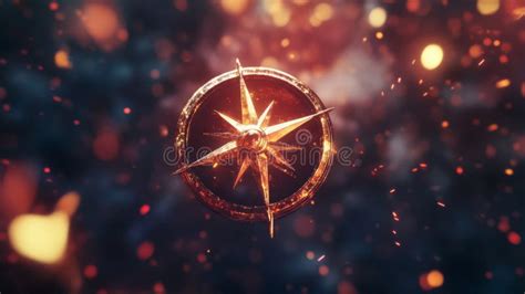 Glowing Gold Compass Star In Fiery Dark Background Stock Illustration