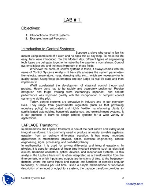 Introduction To Control Systems Control Systems Lab Report Exercises