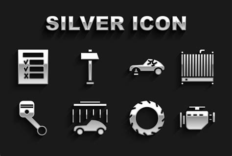 세차 라디에이터 냉각 시스템 엔진 점검 타이어 휠 엔진 피스톤 깨진 자동차 검사 및 망치 아이콘을 설정합니다 벡터 강철에 대한 스톡 벡터 아트 및 기타 이미지 Istock