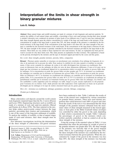 Pdf Interpretation Of The Limits In Shear Strength In Binary Granular Mixtures