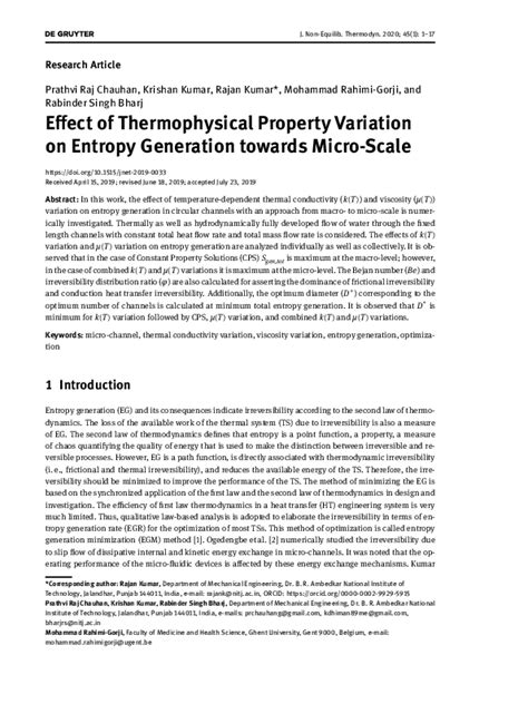 Pdf Effect Of Thermophysical Property Variation On Entropy Generation Towards Micro Scale