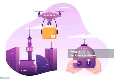 배달 서비스는 드론 배경 벡터 일러스트레이션을 사용합니다 소포 소포 배송을 위한 현대 기술 장치를 사용하여 상자를 배포하는 직원 Multicopter에 대한 스톡 벡터 아트