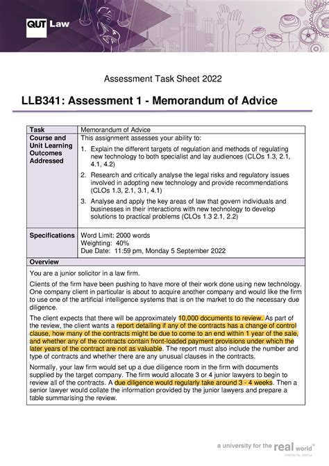 Task Sheet And CRA Assessment Task Sheet 2022 LLB341 Assessment 1 Memorandum Of Advice Task