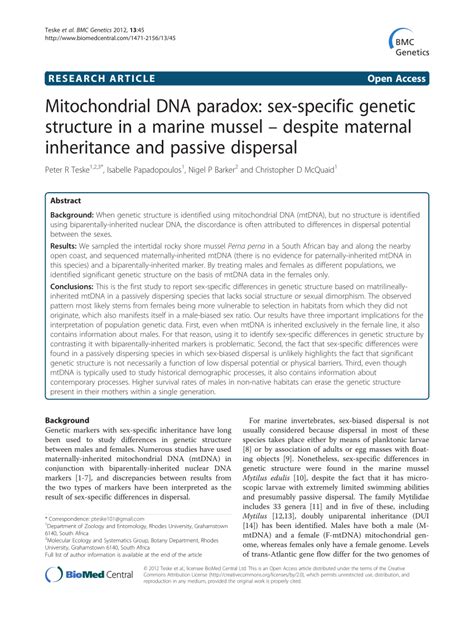 Pdf Mitochondrial Dna Paradox Sex Specific Genetic Structure In A