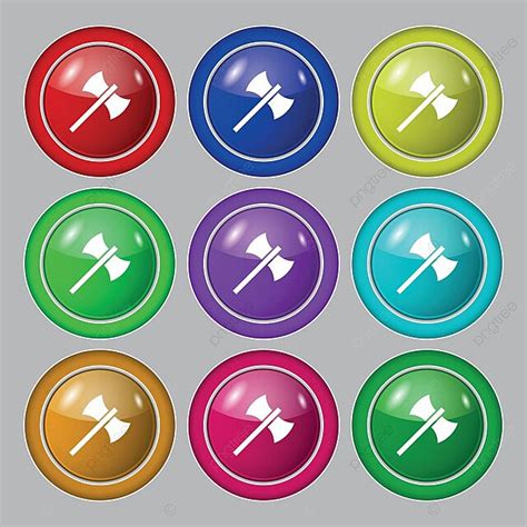 Vector Set Of Nine Colourful Round Buttons Featuring A Battle Axe Icon