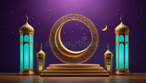 Golden Crescent Moon On Ornate Stand With Islamic Lanterns Stock