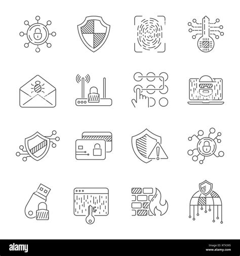 Data Protection And Cyber Security Thin Line Icons Set Computer Network Protection Related