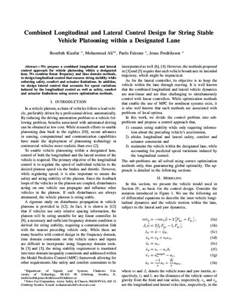 Pdf Combined Longitudinal And Lateral Control Design For String