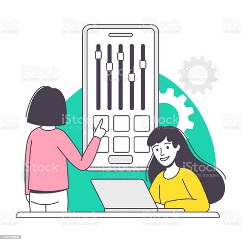 여자 앱 개발 전문 모바일 장치에 대 한 소프트웨어 응용 프로그램을 개발 벡터 일러스트 레이 션 개발에 대한 스톡 벡터 아트 및