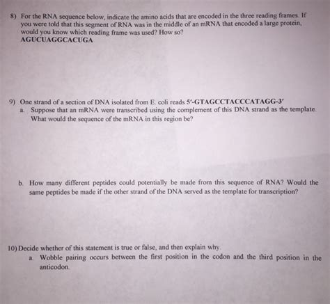 Solved For The RNA Sequence Below Indicate The Amino Acids Chegg