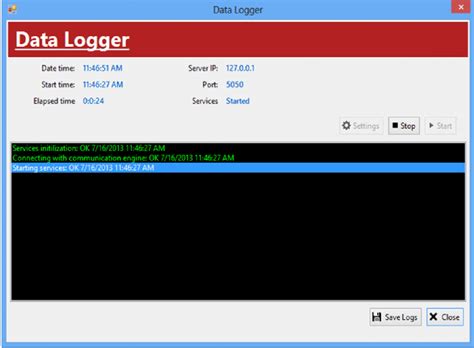 a screenshot of the data logger software for tcp ipc on figuration and