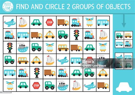 교통은 전통적인 상징으로 게임을 찾고 찾습니다 주의력 훈련 퍼즐 아이들을 위한 인쇄 가능한 활동을 운송하십시오 자동차 트럭 버스 비행기로 퍼즐을 검색합니다 개체 그룹 찾기