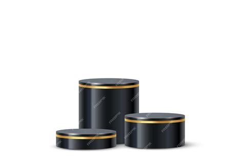 가장자리에 금색 선 테두리가 있는 3d 연단 검정 플랫폼 실린더 둥근 기하학적 모양 승자 스탠드 또는 제품 갤러리 프레젠테이션 배경의 현실적인 받침대 무대 모형 무료 벡터