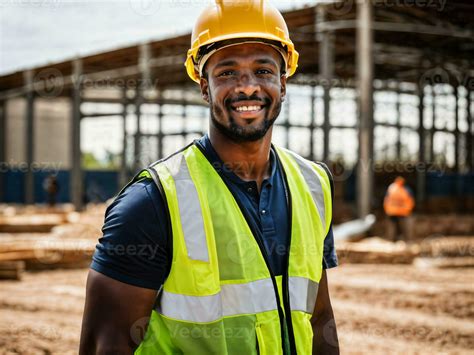 Photo Of African Black Man As A Construction Worker With Helmet