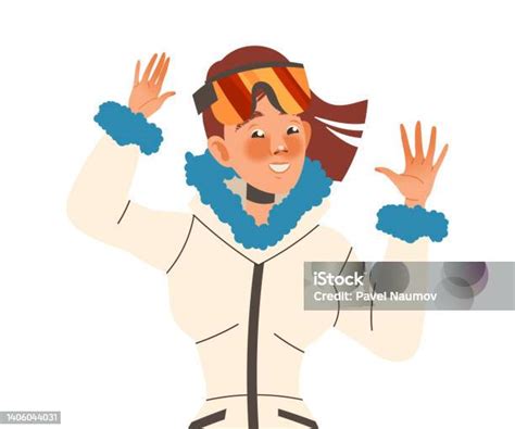 긍정적 인 여성 캐릭터 겨울 옷에 웃는 얼굴과 행복감과 높은 영혼의 벡터 일러스트 레이 션 감정에 대한 스톡 벡터 아트 및 기타 이미지 감정 겨울 긍정적인 감정 표현