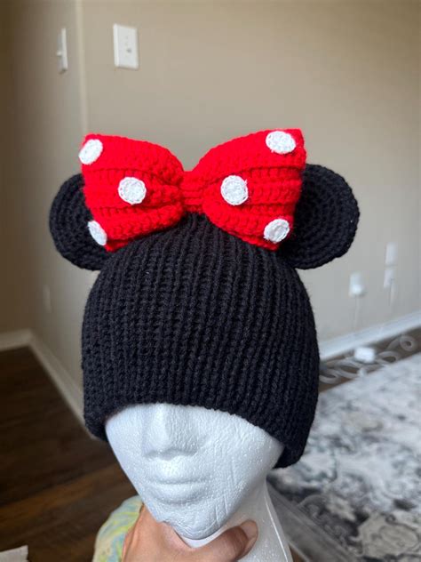 Gorro De Minnie Mouse Tejido A Crochet Lazo Rojo Y Orejas 3d Etsy España