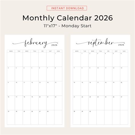 2026 Calendar 11x17 Ledger 2026 Monthly Planner Portrait Sunday