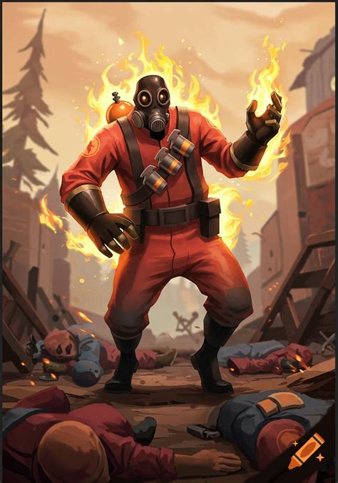 Illustration Of Team Fortress 2 Pyro Standing Among Fallen Enemies