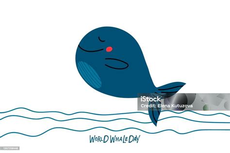 고래와 파도 배경 세계 고래의 날 그림 큰 푸른 고래가 물 밖으로 다이빙 귀여운 웃는 만화 캐릭터 엽서 초대장 인사말을 위해 바다와 손으로 그린 고래 고래에 대한 스톡 벡터