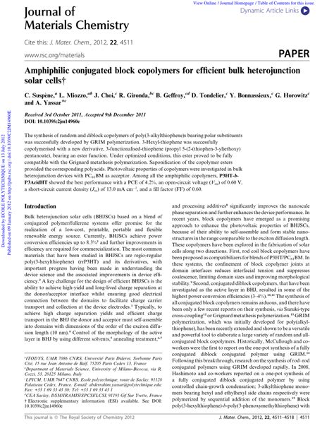 Pdf Amphiphilic Conjugated Block Copolymers For Efficient Bulk Heterojunction Solar Cells