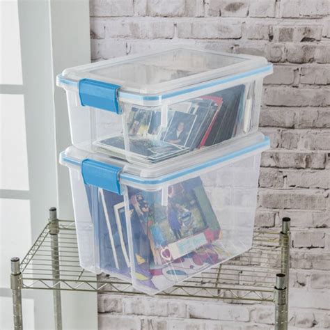 Sterilite 20 Quart Gasket Box Stackable Storage Bin With Latching Lid 6 Pack Clear With Blue