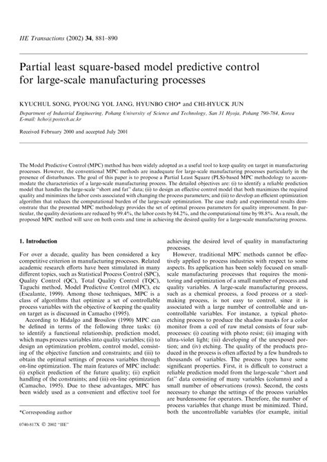 Pdf Partial Least Square Based Model Predictive Control For Large Scale Manufacturing Processes