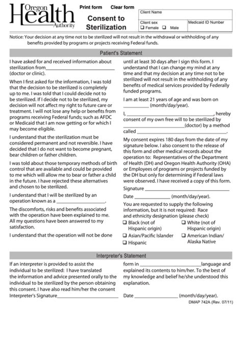 Fillable Form Dmap 742a Consent To Sterilization 2011 Printable Pdf