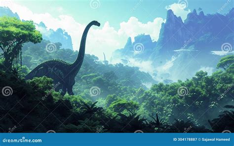 Brachiosaurus Towering Above A Prehistoric Landscape Peacefully Grazing On Tall Vegetation
