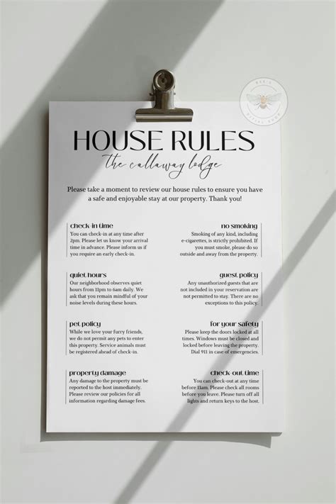 Minimalist House Rules Printable Sign For Airbnb Rentals Guest Suites