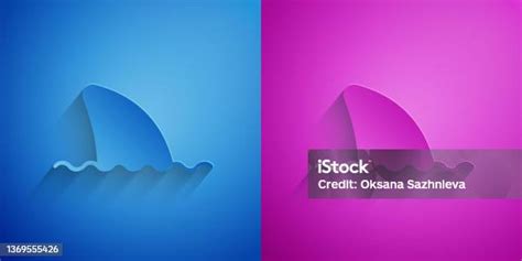 종이 는 파란색과 보라색 배경에 고립 된 바다 파도 아이콘에 상어 지느러미를 잘라 종이 아트 스타일 벡터 3차원 형태에 대한 스톡 벡터 아트 및 기타 이미지 Istock