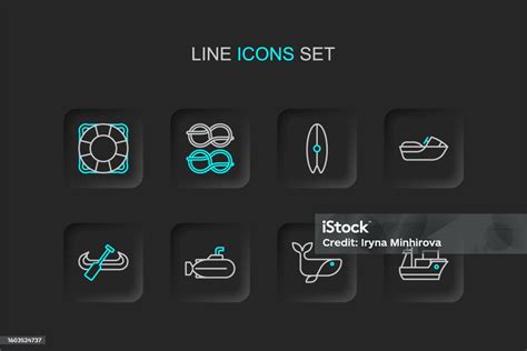 세트 라인 화물선 고래 잠수함 카약 및 패들 제트 스키 서핑 보드 항해 로프 매듭 및 구명 부표 아이콘 벡터 0명에 대한 스톡 벡터 아트 및 기타 이미지 Istock