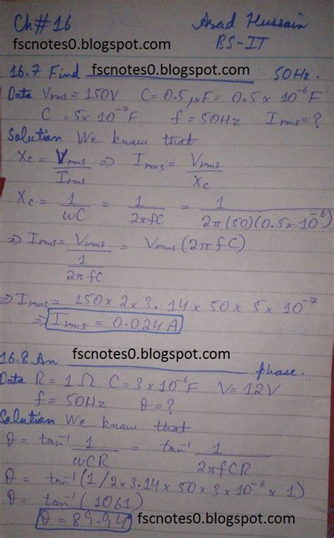 F Sc ICS Notes Physics XII Chapter 16 Alternating Current Numerical Problems