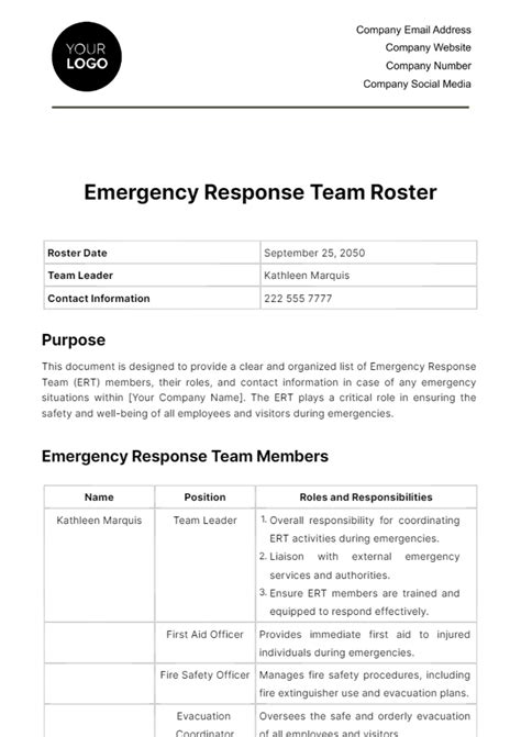 Free Emergency Response Team Roster Hr Template To Edit Online