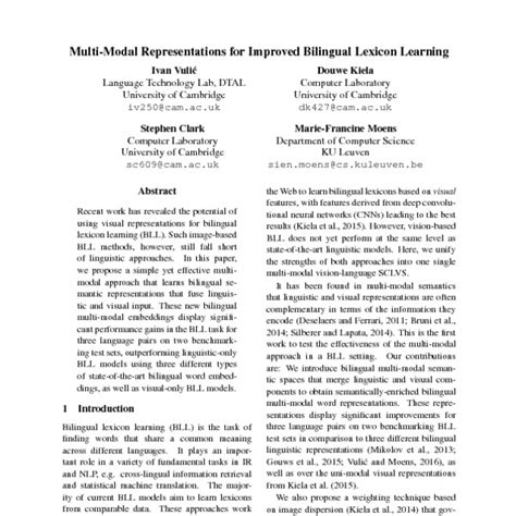 Multi Modal Representations For Improved Bilingual Lexicon Learning Acl Anthology