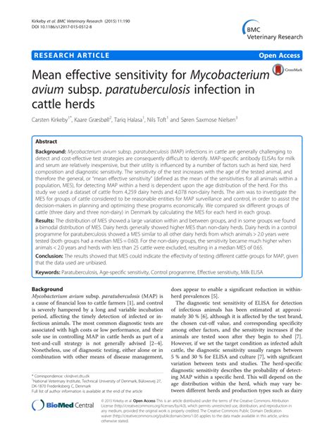 Pdf Mean Effective Sensitivity For Mycobacterium Avium Subsp Paratuberculosis Infection In