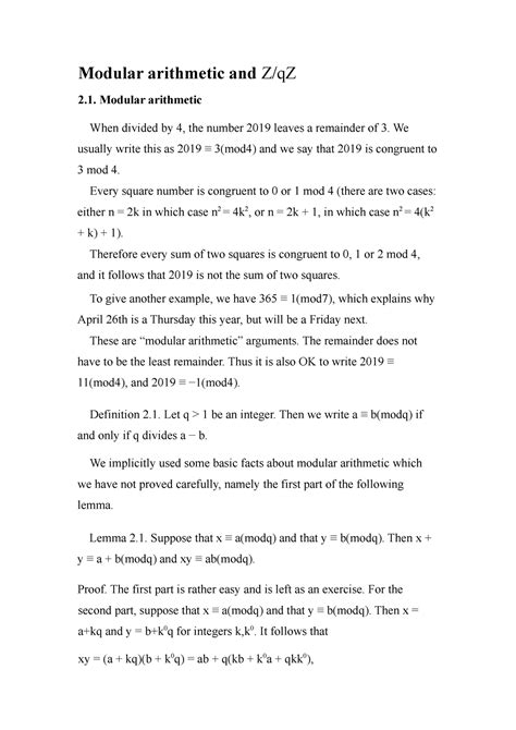 Num Theory 2 Modular Arithmetic Modular Arithmetic And Zqz Modular