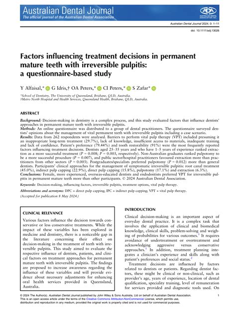 Pdf Factors Influencing Treatment Decisions In Permanent Mature Teeth