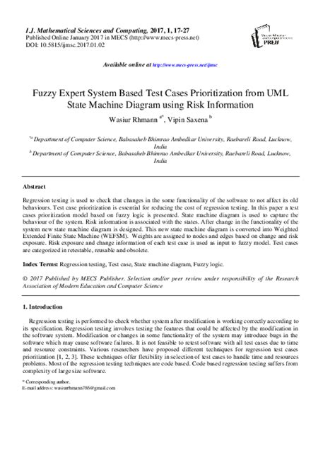 Pdf Fuzzy Expert System Based Test Cases Prioritization From Uml State Machine Diagram Using