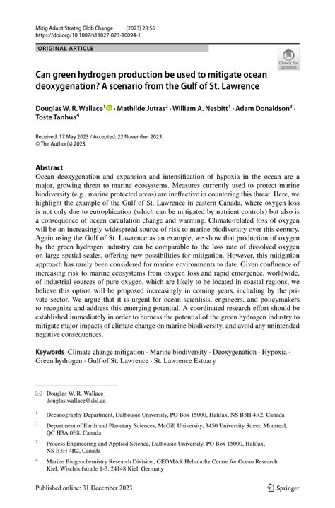 Pdf Can Green Hydrogen Production Be Used To Mitigate Ocean Deoxygenation A Scenario From The