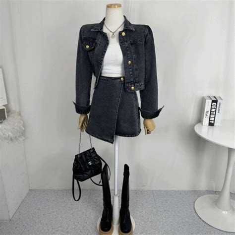 세트가격가성비👍하이틴캐주얼청청set 크롭 흑청 데님 금장 포켓 자켓 하이 금장 언발 미니 스커트 Set Sm 에이블리