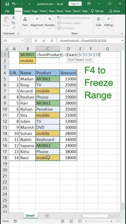 Exact Count Capital And Small Word In Excel Excel Sumproduct Formula