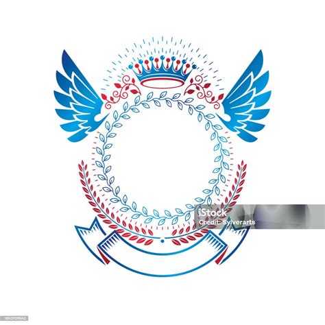 로얄 크라운 요소 월계관 및 고급 구성된 그래픽 날개 상징 리본 팔의 문장 학 외 투 장식 기호 고립 벡터 일러스트 레이 션 고대의에 대한 스톡 벡터 아트 및 기타 이미지