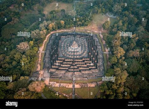 Aerial View Of Borobudur Barabudur Temple Magelang Regency Central Java Indonesia Stock