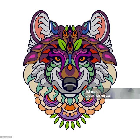 Colorful Wolf Head Mandala Arts Isolated On White Background Stock