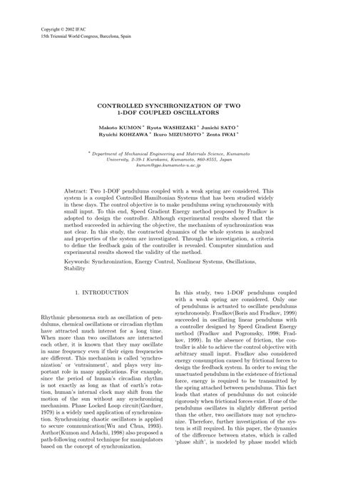 Pdf Controlled Synchronization Of Two 1 Dof Coupled Oscillators