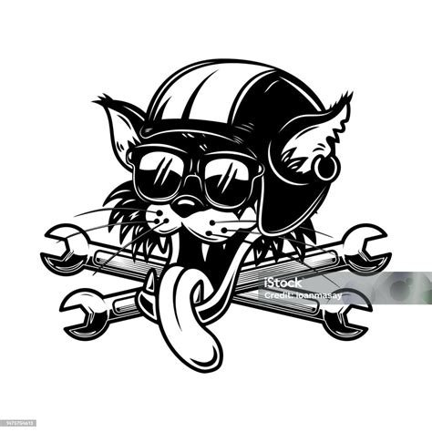 교차 렌치가 있는 고양이 바이커의 그림 라벨 기호 엠블럼에 대한 디자인 요소 벡터 그림 오토바이에 대한 스톡 벡터 아트 및 기타