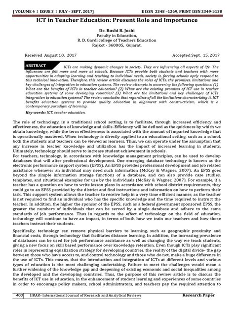 Ict In Teacher Education Present Role And Importance Pdf