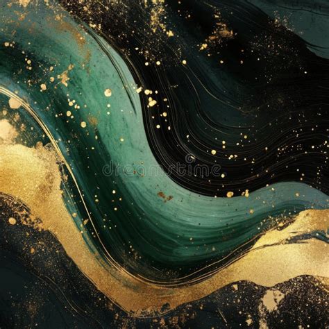 Abstract Green And Gold Fluid Art With Flowing Patterns And Splashes Stock Image Image Of Gold
