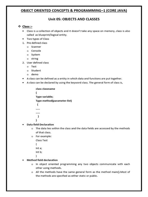 Core Java Objects And Classes Guide Pdf Class Computer Programming