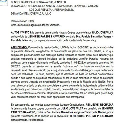Poder Judicial Rechaza Hábeas Corpus De Yenifer Paredes Que Buscaba